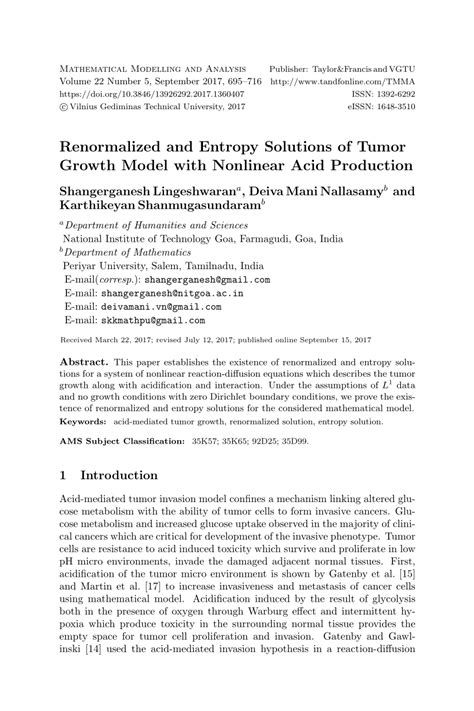 Pdf Renormalized And Entropy Solutions Of Tumor Growth Model With Nonlinear Acid Production