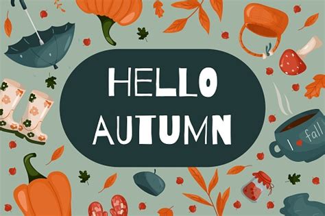 가을 요소 부츠 버섯 가을 옷 호박 등의 배경에 Hello Autumn이라는 비문이 있는 벡터 그림 엽서 배너 등을 위한 일러스트레이션 10월에 대한 스톡 벡터 아트 및