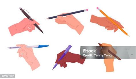 만화 쓰기 손 연필 스타일러스 페인팅 도구 또는 펜을 가진 인간의 손 그림 그리기 또는 쓰기 손 플랫 벡터 일러스트레이션 세트