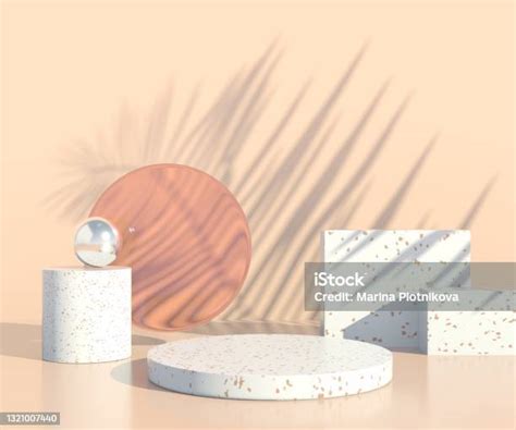 기하학적 형태의 최소한의 장면 그림자가있는 크림 배경의 연단 화장품 쇼케이스 숍프론트 디스플레이 케이스를 보여주는 장면 3d 0