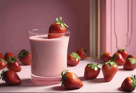 3 D Renderização De Um Copo De Leite Com Um Morango E Um Copo Do Copo