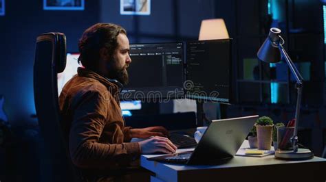 Software Technician Typing Code In Neon Lit Personal Office Stock Video Video Of Desk