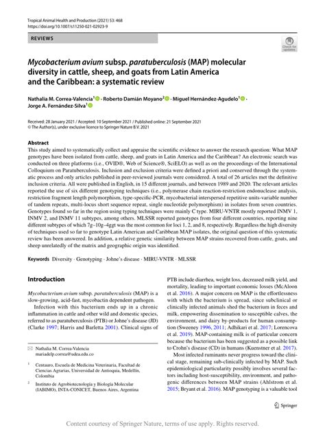 Mycobacterium Avium Subsp Paratuberculosis Map Molecular Diversity In Cattle Sheep And