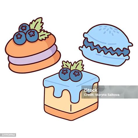 블루베리 케이크 마카롱 컵케이크 프로스팅 과일 토핑을 곁들인 다채로운 수제 디저트 세트 0명에 대한 스톡 벡터 아트 및 기타 이미지 Istock