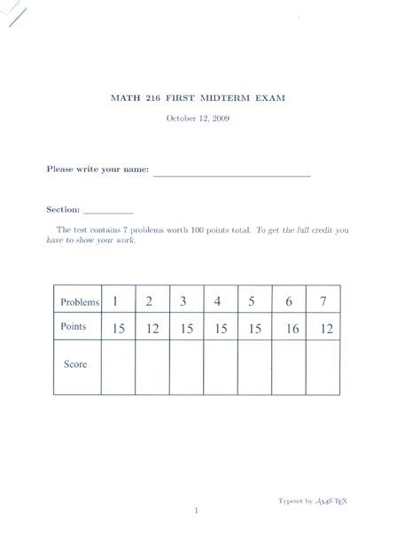 Midterm Exam 1 Introduction To Differential Equations Math 216 Exams Differential
