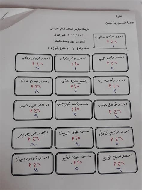 خريطة جلوس طلاب إعدادية الجمهورية للبنين في الديوانية
