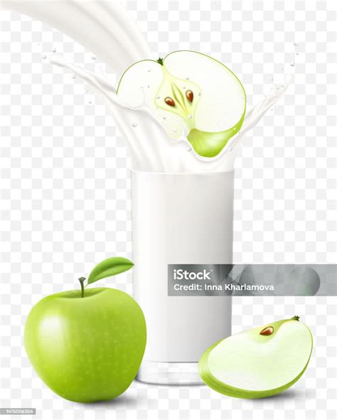 사과는 우유 나 요구르트 한 잔에 떨어집니다 달콤한 우유가 튀어나온다 과일 밀크 셰이크 광고 배너 요구르트 제트기 비행 방울 유리 컵의 흰색 음료 현실적인 3d 벡터