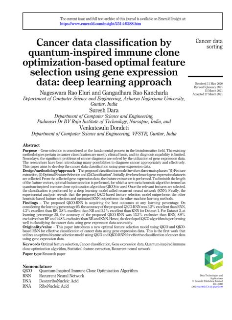 Pdf Cancer Data Classification By Quantum Inspired Immune Clone
