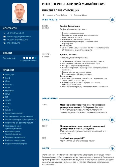 Резюме инженера проектировщика образец Профессиональный шаблон