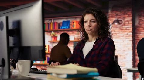 woman using pc in startup office to design and implement algorithms technology stock footage ft
