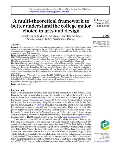 Pdf A Multi Theoretical Framework To Better Understand The College Major Choice In Arts And Design