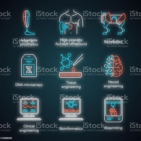 생명 공학 네온 빛 아이콘 세트 생명 공학 분자 생물학 생물 의학 및 분자 공학 생물 정보학 빛나는 징후 벡터 절연 일러스트레이션 Dna에 대한 스톡 벡터 아트 및 기타
