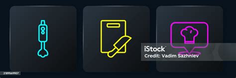 세트 라인 블렌더 위치가있는 요리사 모자 및 도마와 칼 검은색 사각형 버튼입니다 벡터 건강한 생활방식에 대한 스톡 벡터 아트 및 기타 이미지 건강한 생활방식 검은색