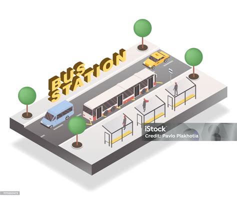 버스 정류장 아이소메트릭 배너 벡터 템플릿입니다 길가 밴 및 택시 3d 그림에 문자승객 도시 건축 요소 대중 교통 도시 여행 비즈니스 개념 건축에 대한 스톡 벡터 아트 및