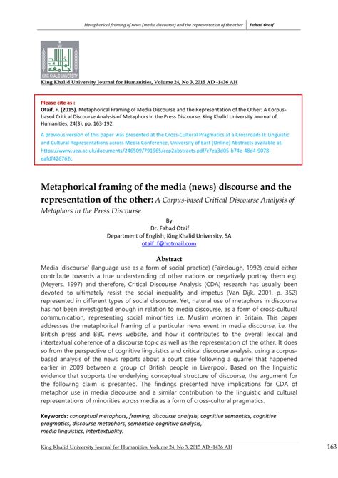 Pdf Otaif F 2015 Metaphorical Framing Of Media Discourse And The