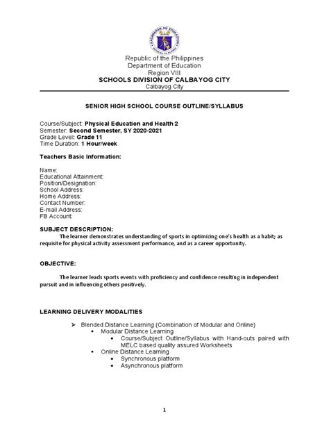 Template Shs Course Outline New Pdf Distance Education Learning