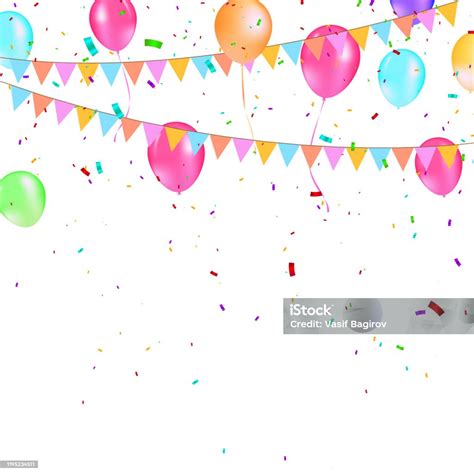 삼각형 파티 깃발 색종이 및 종이 스트리머와 다채로운 풍선 벡터 그림입니다 카니발 레터링 텍스트에 배치합니다 초대 포스터 카드