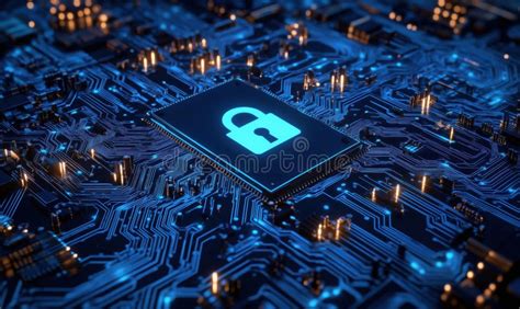 Digital Security Concept With Lock Symbol On Microchip In Blue Circuit