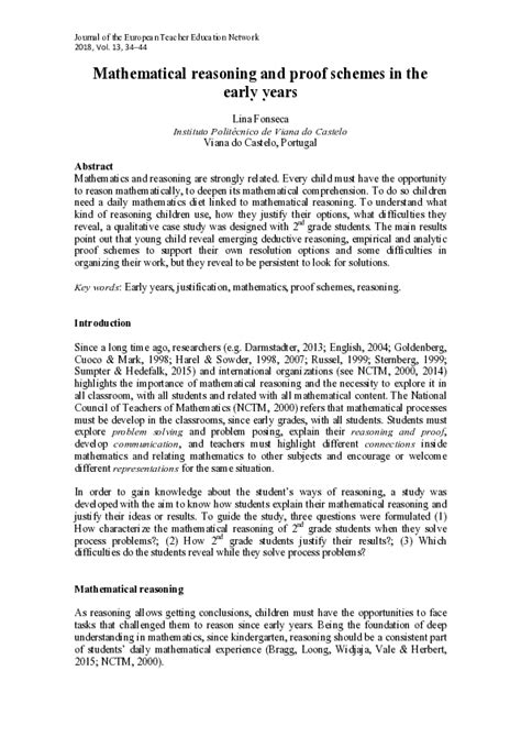 Pdf Mathematical Reasoning And Proof Schemes In The Early Years