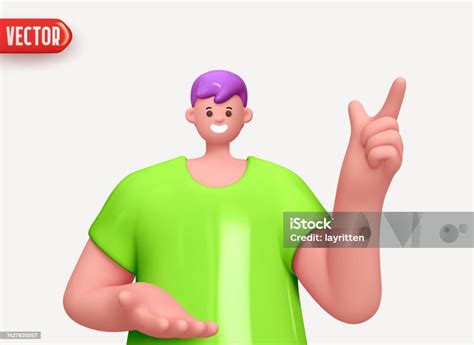 행복한 쾌활한 청년은 손바닥을 벌리고 손가락을 위로 향하게합니다 캐주얼 한 옷을 입은 어린 잘 생긴 소년이 손을 벌려 보여줍니다 현실적인 만화 캐릭터 긍정적 인 3d
