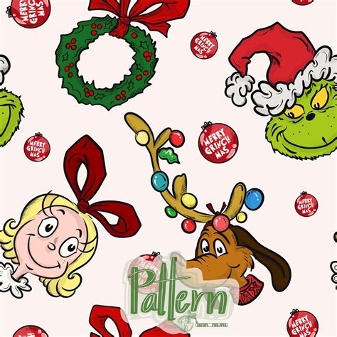 Festive Grinch Christmas Seamless Pattern Png Jpeg Holiday Wreaths