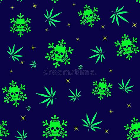 Безшовная картина с красочными листьями и снежинками марихуаны с человеческими черепами