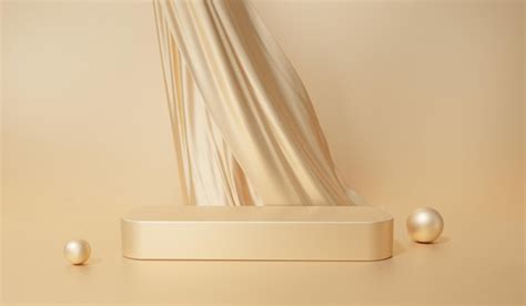 플랫폼 배경 제품 프레젠테이션 스탠드 프로모션 쇼케이스 화장품 판매를 위해 곡선형 한 층 원에 기하학적 모양 받침대가 있는 3d 렌더링 금색 배경 프리미엄 사진