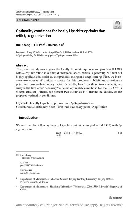 Optimality Conditions For Locally Lipschitz Optimization With L0 Regularization Request Pdf