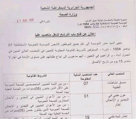 اعلان فتح الترشح لشغل مناصب عليا في مديرية الصحة والسكان لولاية سوق