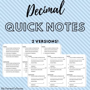 Decimal Operations Notes Add Subtract Multiply Divide By Ms Persun S Room