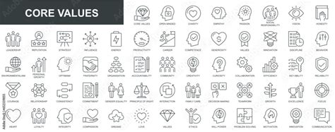 Core Values Web Icons Set In Thin Line Design Pack Of Charity Empathy Passion Social