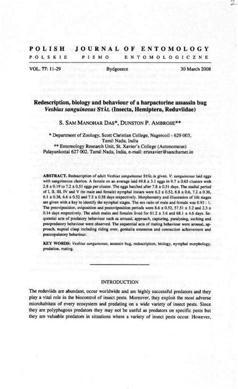Pdf 243 Redescription Biology And Behaviour Of A Harpactorine Assassin Bug Vesbius