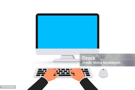 컴퓨터에 입력하는 손 빈 모니터 화면이있는 컴퓨터 키보드 Pc에서 작업 코드 작성 재무 보고서 계획 온라인 교육 컨퍼런스 코딩