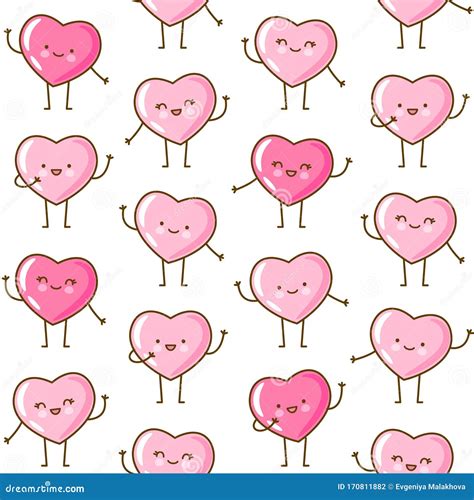Seamless Pattern With Kawaii Pink Hearts Isolated On White Background