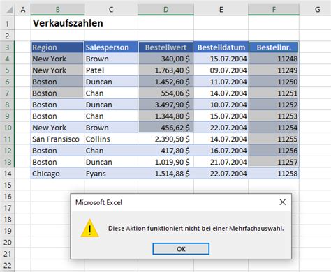 Fehler Diese Aktion Funktioniert Nicht Bei Einer Mehrfachauswahl In Excel Automate Excel