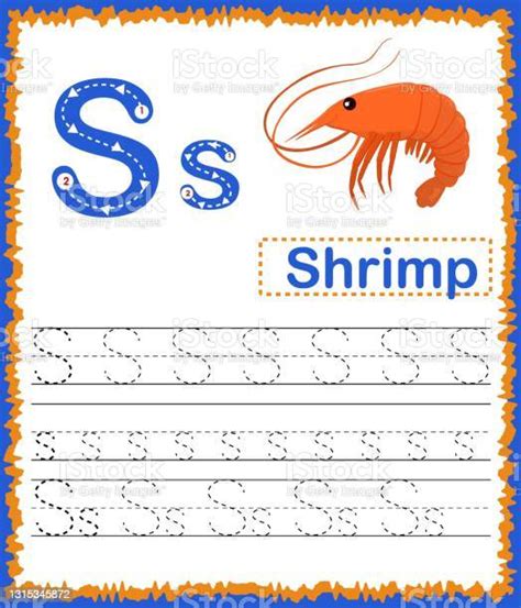 아이들을위한 만화 어휘와 운동의 벡터 그림 다채로운 문자 S 어퍼 케이스와 소문자 알파벳 Az 추적 및 매일 인쇄 쓰기 필기