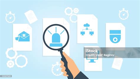 모니터 바이러스 삭제 위험 파일 문서 연구 벡터 그림 검색 아이콘으로 문서작성합니다 파일 및 돋보기 분석 연구 기호입니다 벡터 일러스트레이션 개념에 대한 스톡 벡터 아트 및