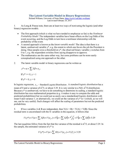 The Latent Variable Model In Binary Regressions The First Approach