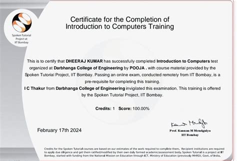 Certificate For Completion Of Introduction To Computer Training Dheeraj Singh