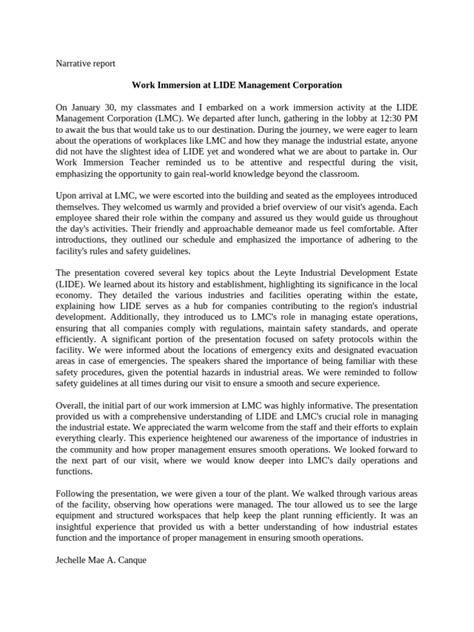 Narrative Report On Work Immersion Pdf Learning