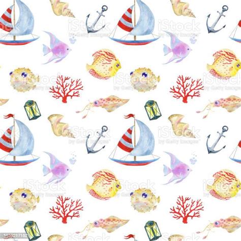 범선과 물고기와 수채화 원활한 패턴 산호와 조개와 바다 패턴 엽서 섬유 또는 인쇄의 디자인을위한 흰색 배경에 손으로 만든 그림