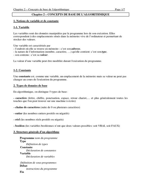 Chapitre 2 Concepts De Base De L Algorithmique Pdf Variable Informatique Programme
