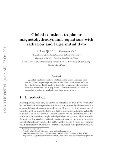 Pdf Global Solutions To Planar Magnetohydrodynamic Equations With Radiation And Large Initial Data