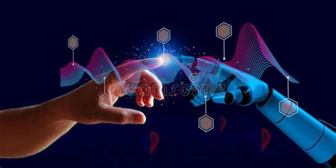 Human Hand Connecting 3d Robotic Hand With Data Flow Diagram Electronic