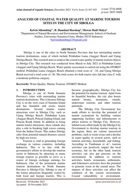 Pdf Analysis Of Coastal Water Quality At Marine Tourism Sites In The City Of Sibolga