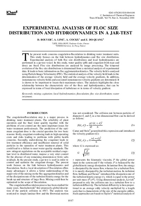 Pdf Experimental Analysis Of Floc Size Distribution And Hydrodynamics In A Jar Test