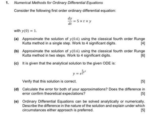 Solved 1 Numerical Methods For Ordinary Differential