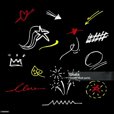 손으로 그린 낙서 벡터 디자인 요소 세트입니다 불꽃놀이 급습 소용돌이 화살 심장 사랑 왕관 곡선에 대한 스톡 벡터 아트 및 기타 이미지 Istock