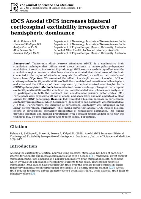 Pdf Anodal Tdcs Increases Bilateral Corticospinal Excitability