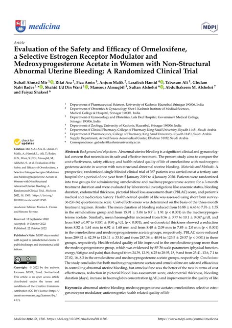Pdf Evaluation Of The Safety And Efficacy Of Ormeloxifene A Selective Estrogen Receptor